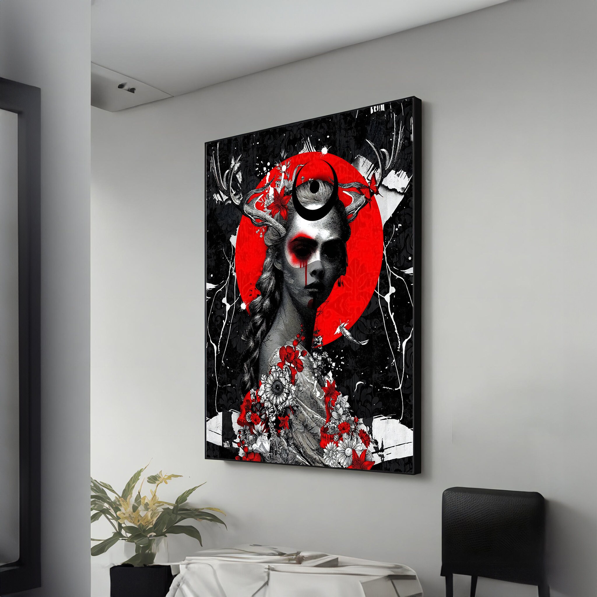 Satanic Symbols Wall Art Devil Woman Painting With Bloody Full Moon ...