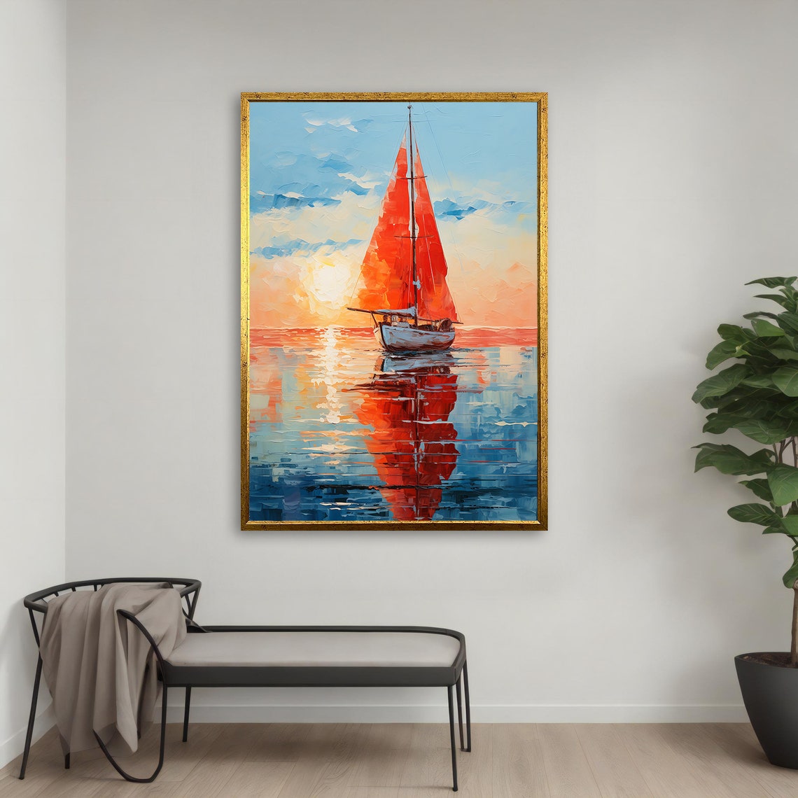 Sunset Sailboat Painting Serene Sea Canvas Wall Art for Home Decor ...