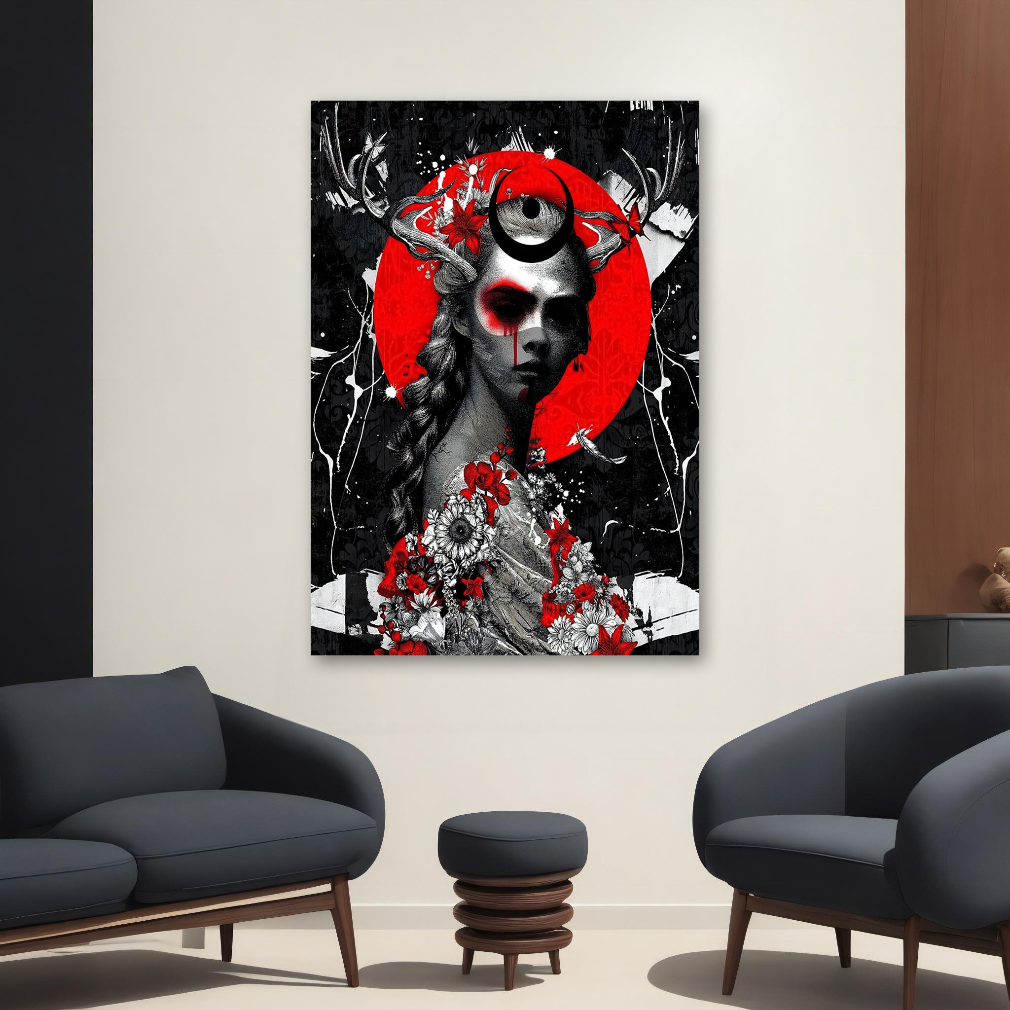 Satanic Symbols Wall Art Devil Woman Painting With Bloody Full Moon ...