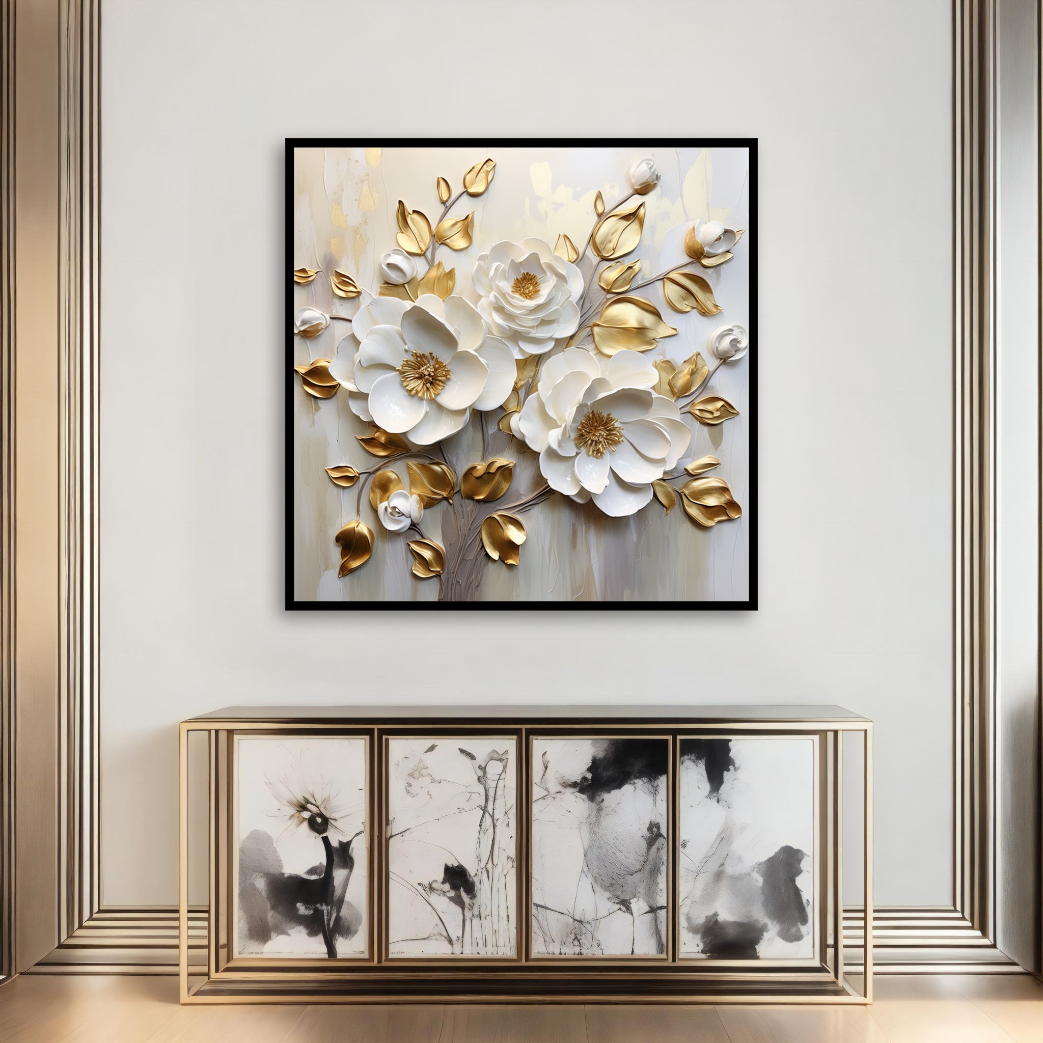 White Gold Leaf Flowers Canvas Art, Luxurious Elegant Wall Decor ...