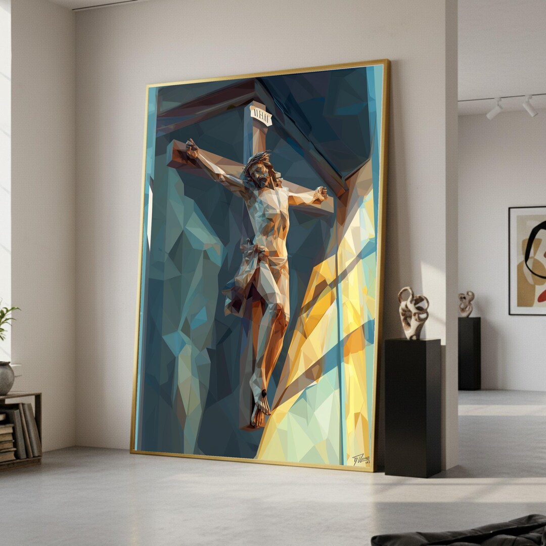 Modern Geometric Jesus Crucifixion Canvas, Abstract Religious Wall Art ...