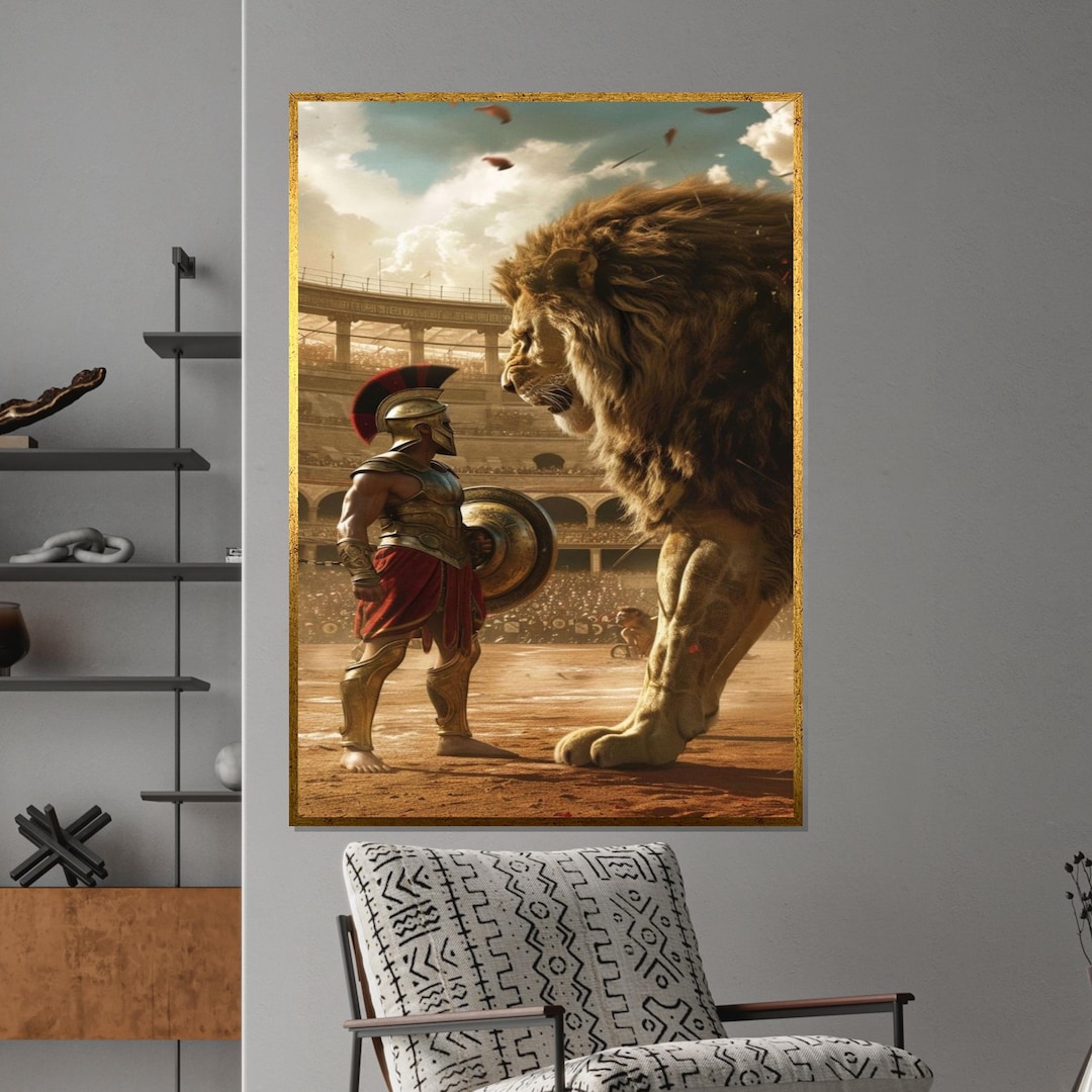 Warrior and Lion Canvas, Gladiator Arena Art, Majestic Lion Wall Print ...