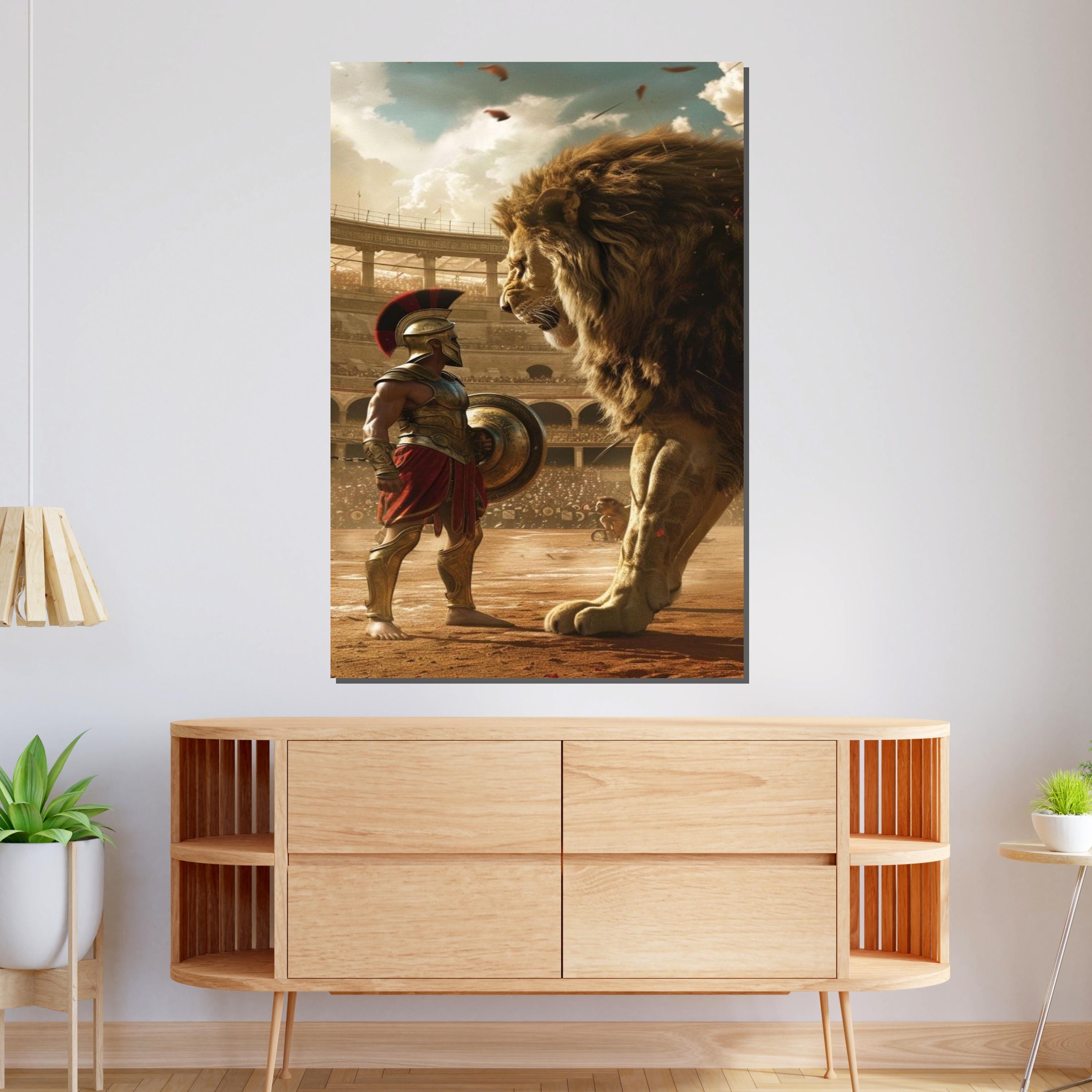 Warrior and Lion Canvas, Gladiator Arena Art, Majestic Lion Wall Print ...