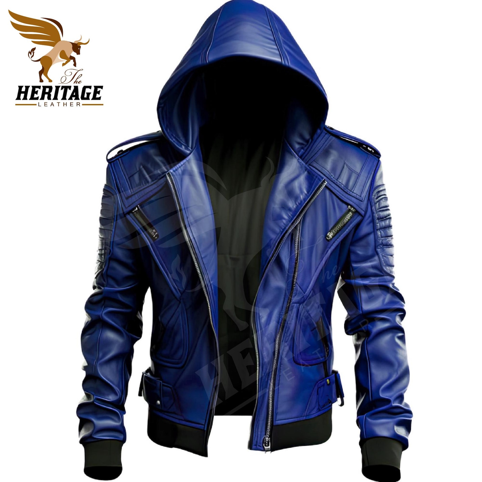 Blue Cowhide Leather Biker Jacket: Men's Hooded Motorcycle Jacket - Etsy