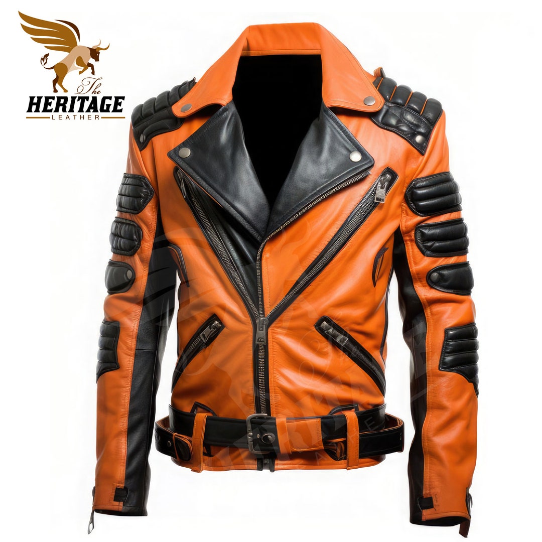 Men Leather Orange Biker Jacket Genuine Men Leather Jacket Real ...