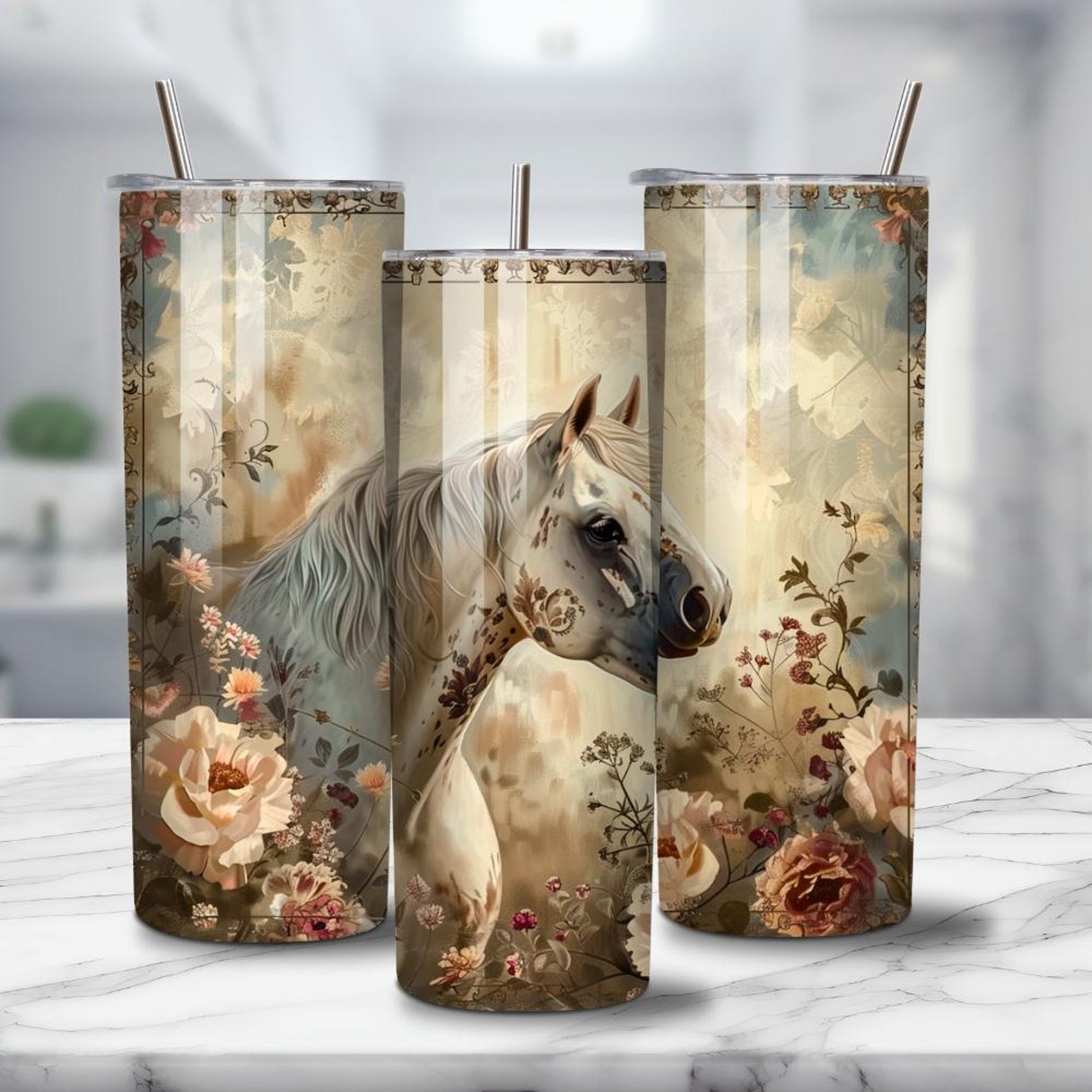 Floral Boho Horse 20 Oz Tumbler Wrap, Bohemian Horse Tumbler Design ...