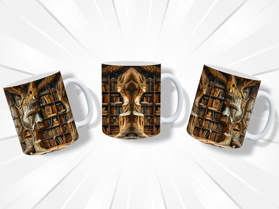 3D Wooden Face Bookshelf Wrap, Bookshelf Mug Sublimation Design, Book ...