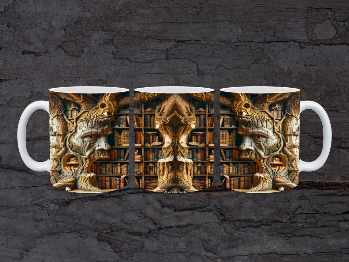 3D Wooden Face Bookshelf Wrap, Bookshelf Mug Sublimation Design, Book ...
