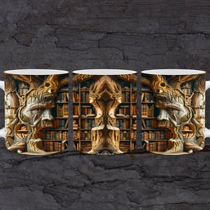3D Wooden Face Bookshelf Wrap, Bookshelf Mug Sublimation Design, Book ...
