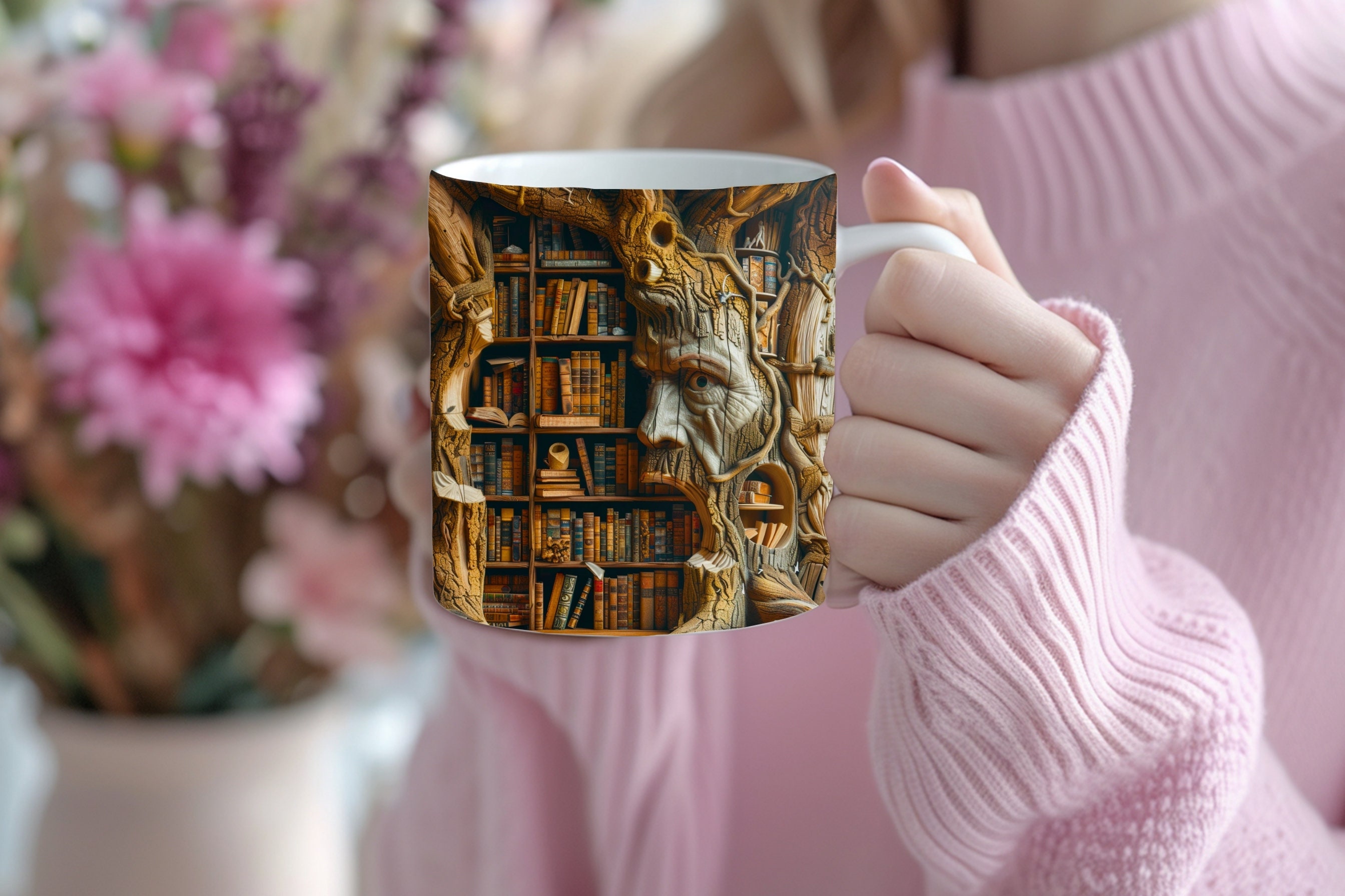 3D Wooden Face Bookshelf Wrap, Bookshelf Mug Sublimation Design, Book ...