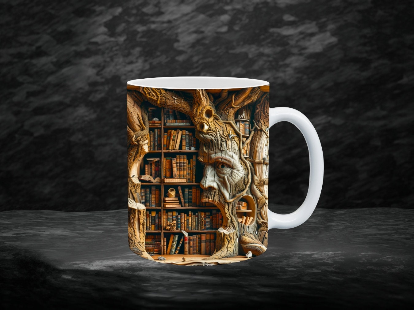 3D Wooden Face Bookshelf Wrap, Bookshelf Mug Sublimation Design, Book ...
