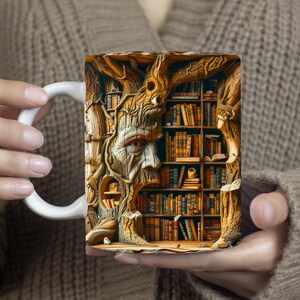 3D Wooden Face Bookshelf Wrap, Bookshelf Mug Sublimation Design, Book ...
