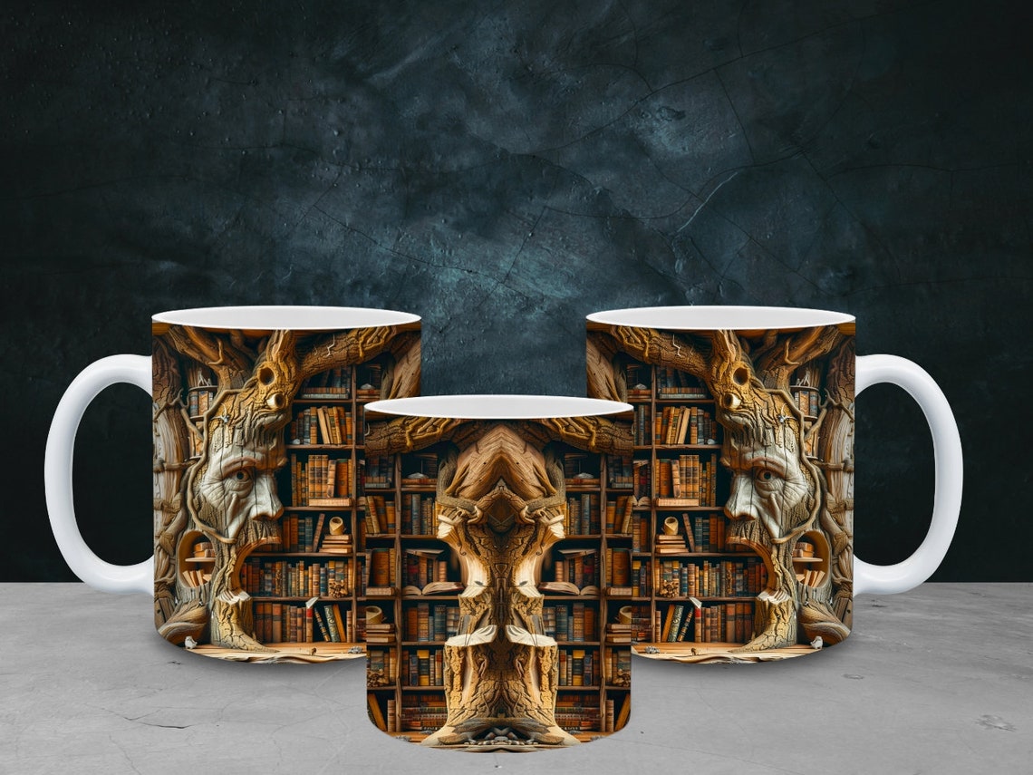 3D Wooden Face Bookshelf Wrap, Bookshelf Mug Sublimation Design, Book ...