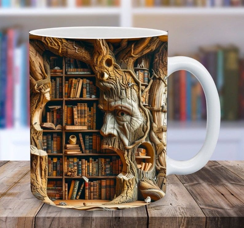 3D Wooden Face Bookshelf Wrap, Bookshelf Mug Sublimation Design, Book ...
