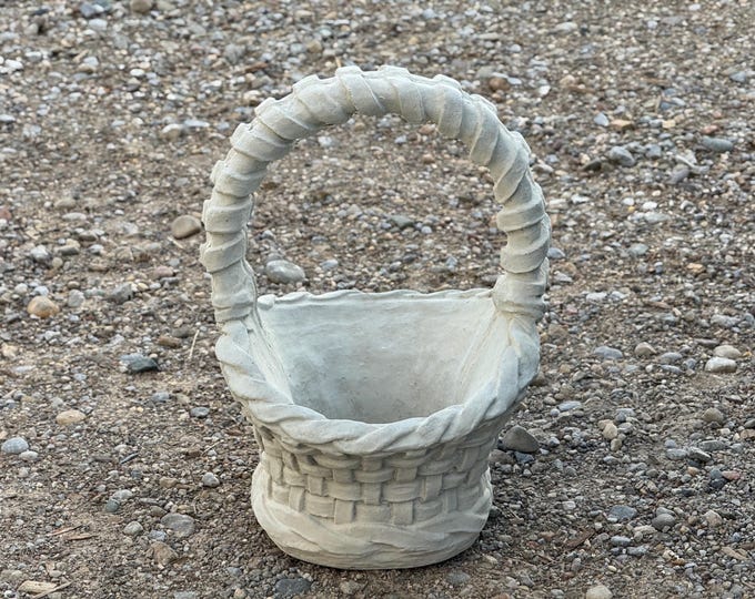 Concrete Basket Planter Garden Statue With Handle Woven Look Heavy Duty ...