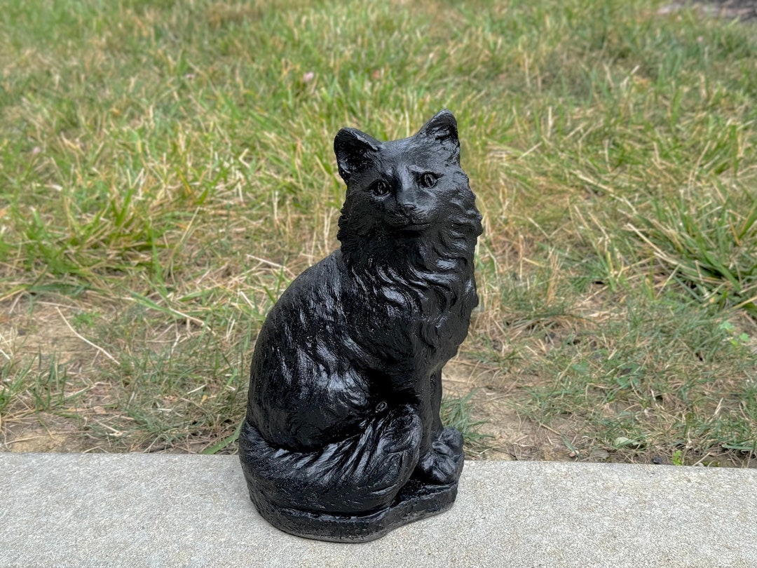 Black Cat Statue Garden Concrete Kitty Sculpture Stone Sitting Cat ...