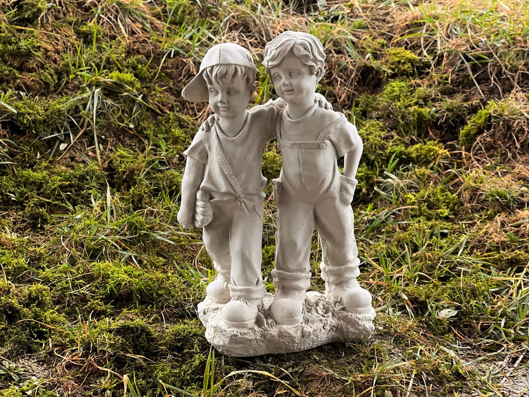 Garden Kids Statue Baseball Two Boys Sculpture Outdoor Concrete Kids ...