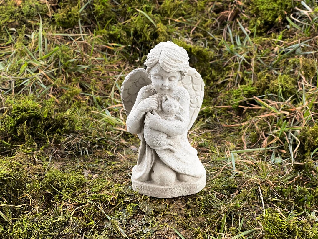 Angel With Cat Statue Concrete Pet Memorial Figurine Angel Outdoor ...