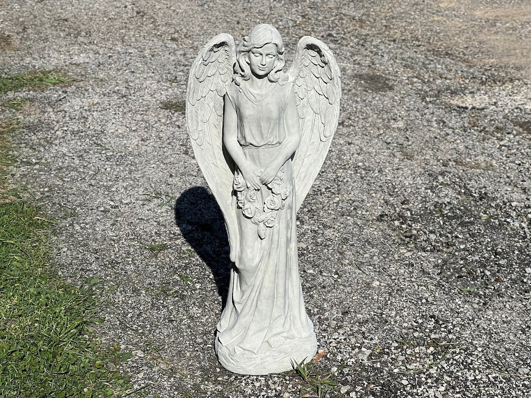 Massive Stone Angel Statue 33" Guardian Cement Cherub Lawn Ornament ...