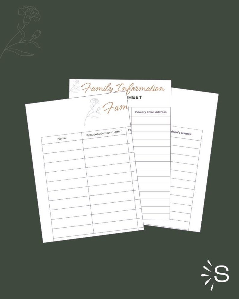 Family Information Spreadsheet | Essential Family Organizer | Printable ...