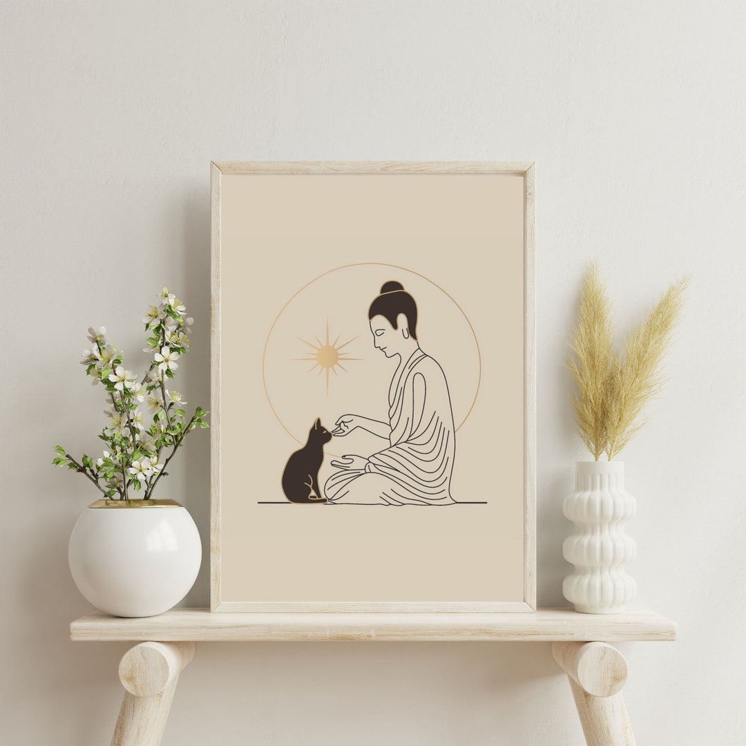 Buddha and Cat Line Art Line Drawing Print Zen Printable Cute Yoga ...