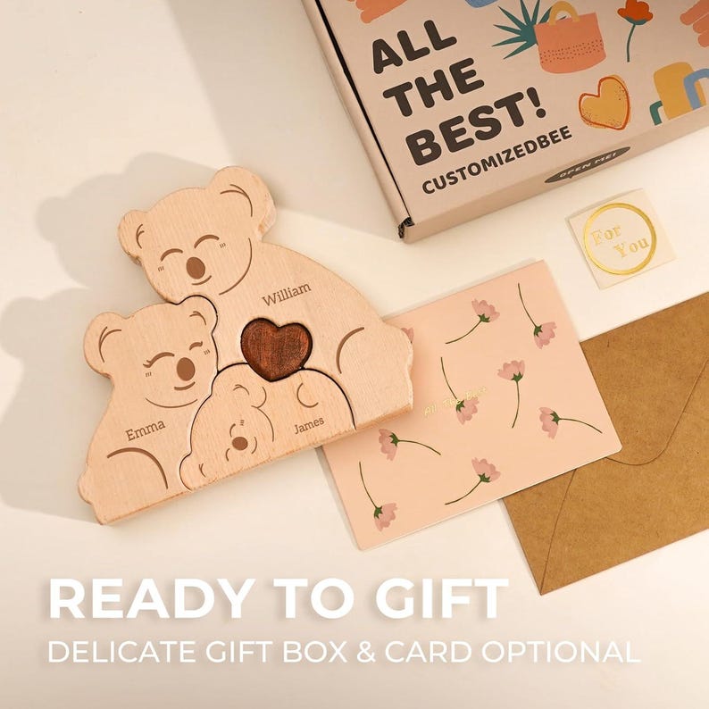 Personalized Wooden Koala Family Puzzle, Custom Koala Figurines, Wooden ...