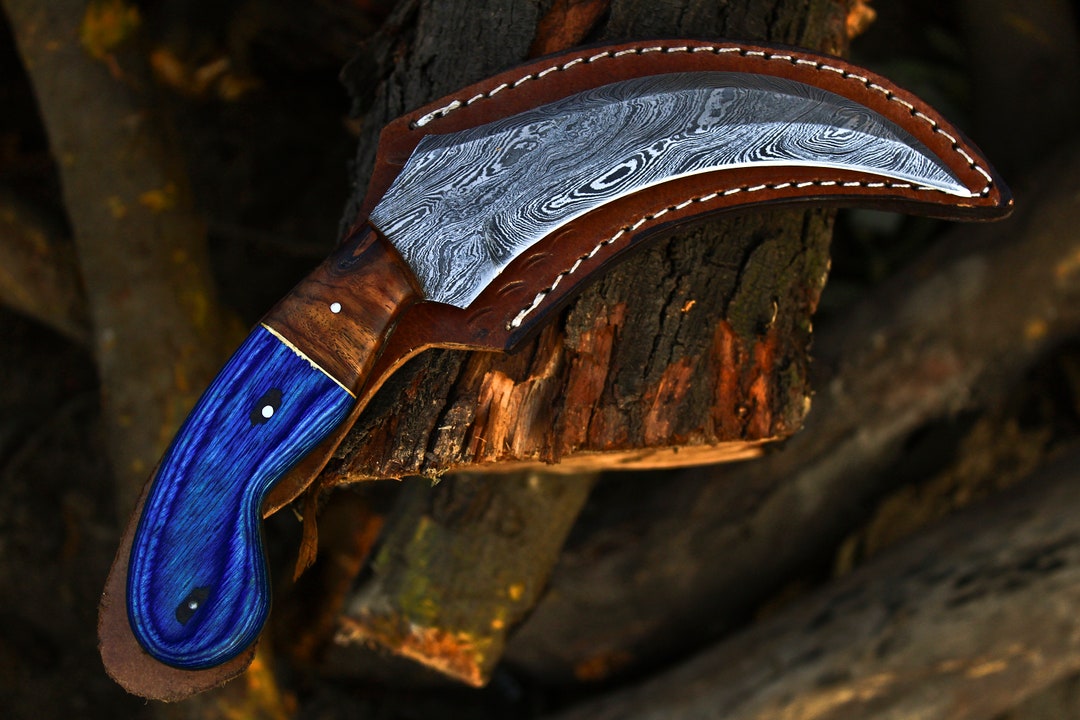 Damascus Karambit Knife With Beautiful Wood Handle and Sheath Gift Men ...