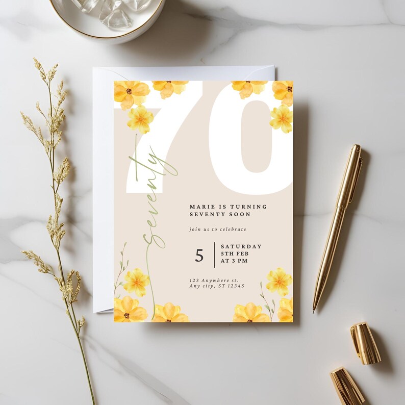 Yellow Floral 70th Birthday Invitation Women 70th Birthday Invitation ...