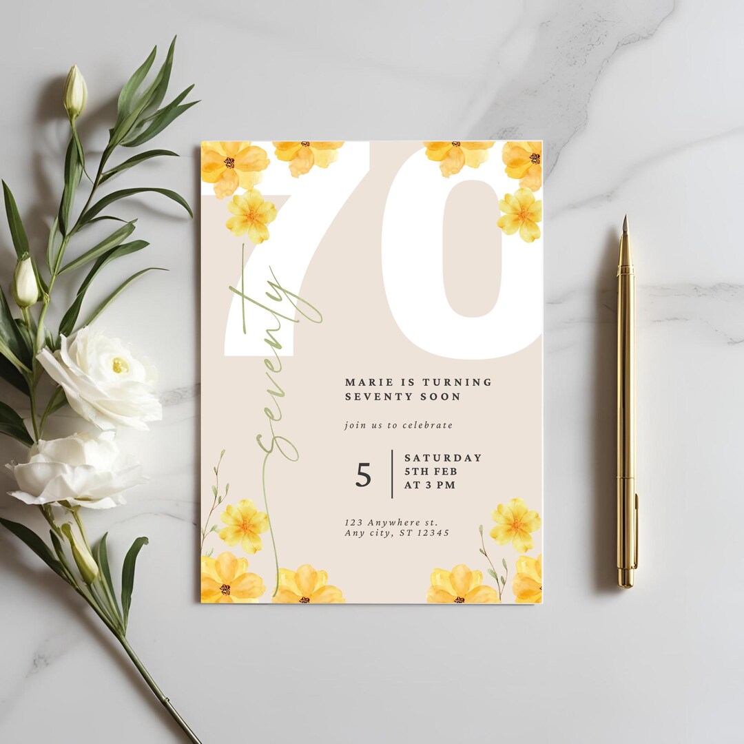 Yellow Floral 70th Birthday Invitation Women 70th Birthday Invitation ...