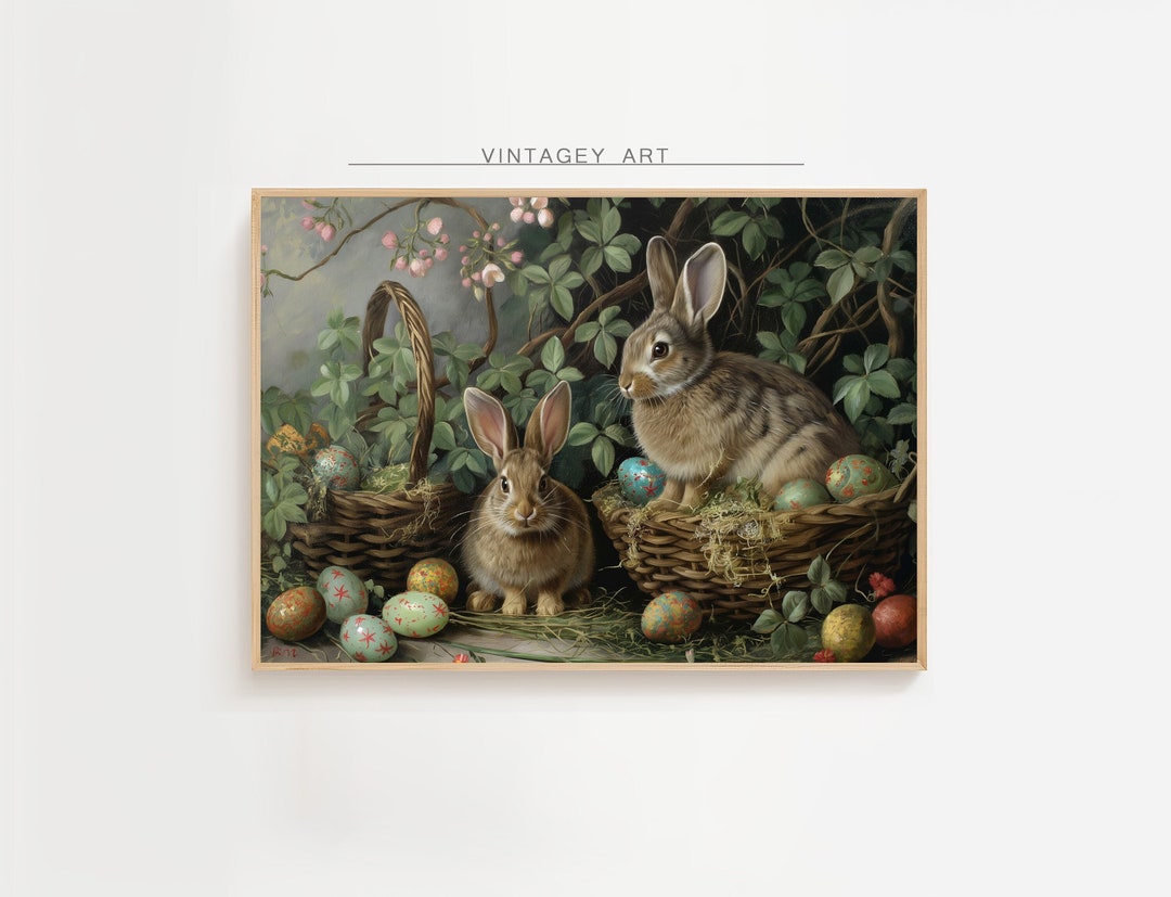Easter Bunny Printable Art, Spring Bunny in a Basket Oil Painting ...
