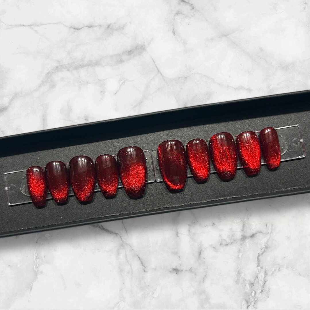 Ruby Radiance Red Cat Eye Press on Nails Handmade Reusable Gel ...