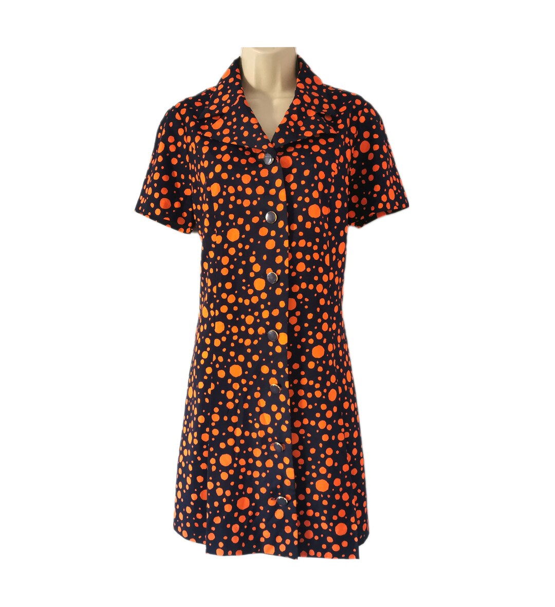 Vintage 1970s Spotty Dotty Orange & Navy Mod Scooter Dress by Hanasaki ...
