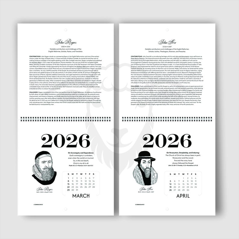 2026 Puritan Reformers Calendar, Spiral Wire Bound, Christian Wall ...