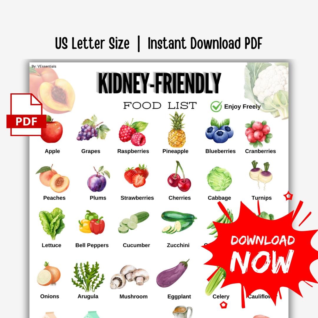 Kidney Friendly Food List Chart, Low Potassium Renal Diet Cheat Sheet ...