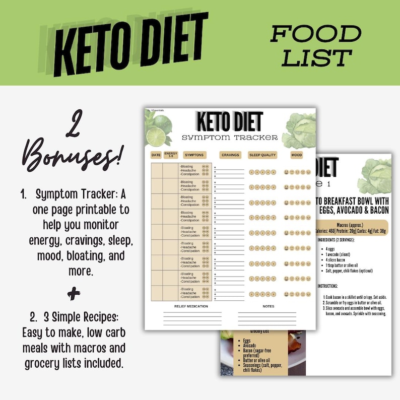 Keto Food List Printable PDF | Easy Low Carb Recipes Symptom Tracker ...