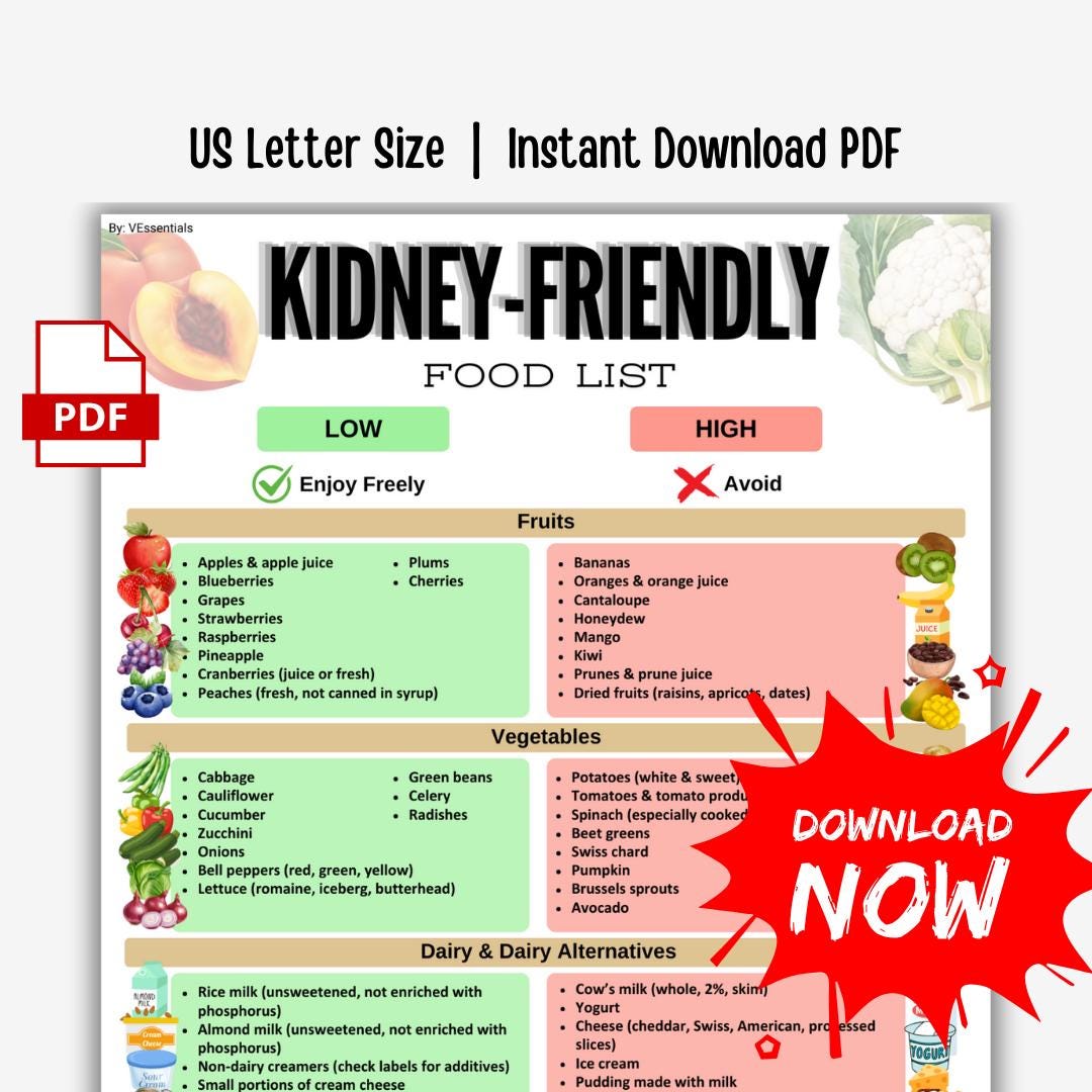 Kidney Friendly Food List: Low Potassium Renal Diet Guide (PDF) - Etsy