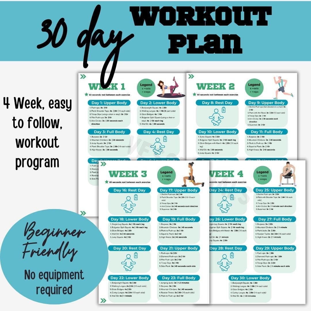 30 Day Workout Plan No Equipment Home Fitness Guide Full Body, Upper ...