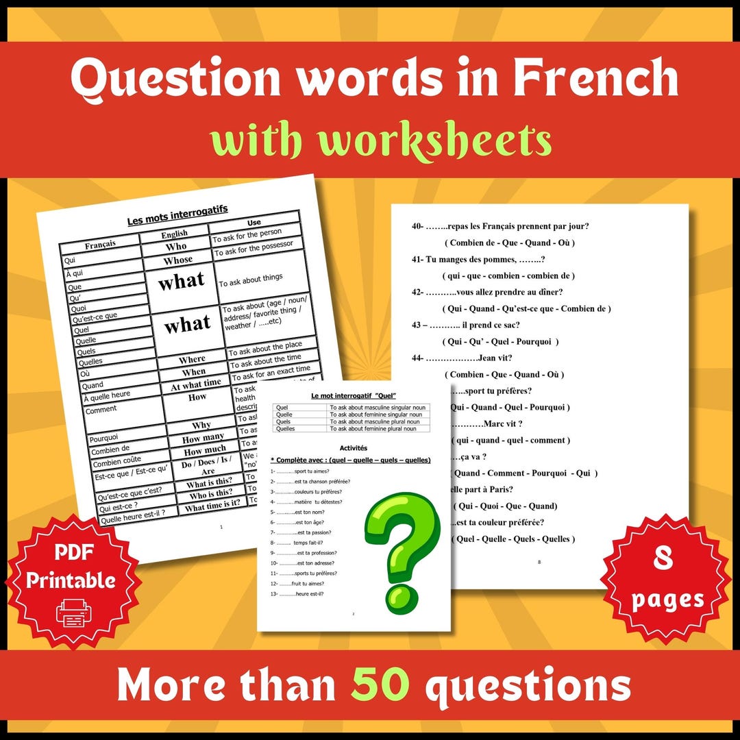 French Question Words Workbook - Les Mots Interrogatifs ( More Than 50 ...
