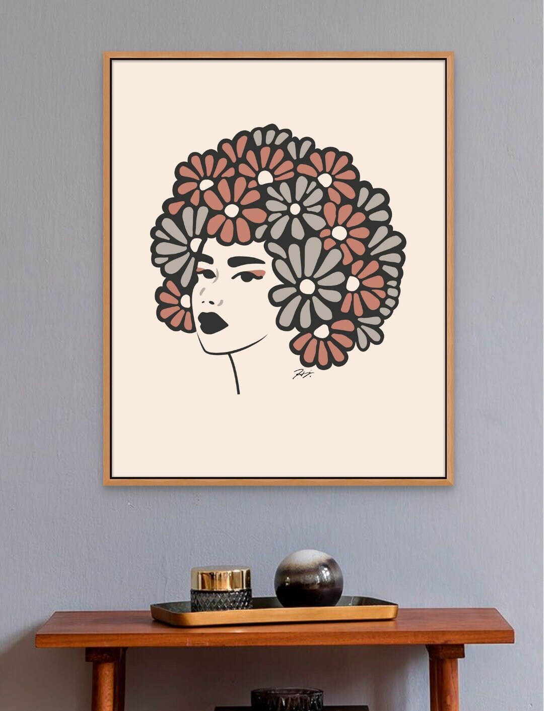 Boho Flower Hair Art Print, Flower Art, Woman Portrait Wall Decor ...