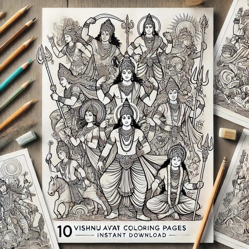 Vishnu Avatar Coloring Pages | Hindu Mythology Printable Art ...