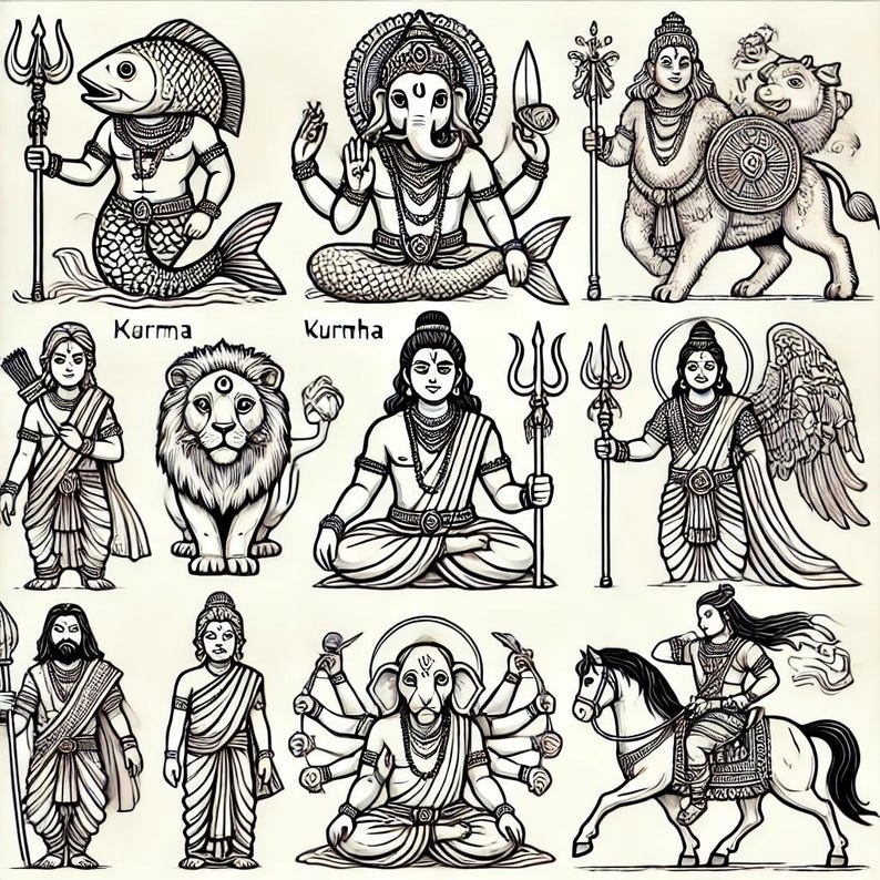 Vishnu Avatar Coloring Pages | Hindu Mythology Printable Art ...