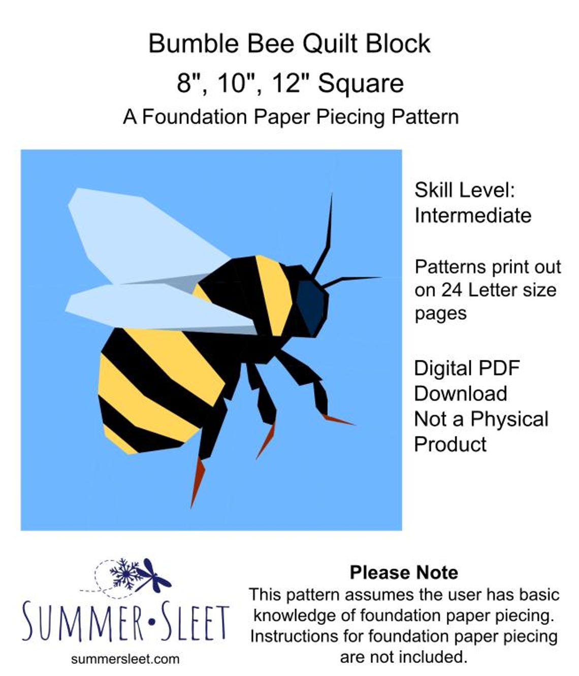 8” 10" 12" FPP Bumble Bee Quilt Block Pattern: Foundation Paper Piecing ...