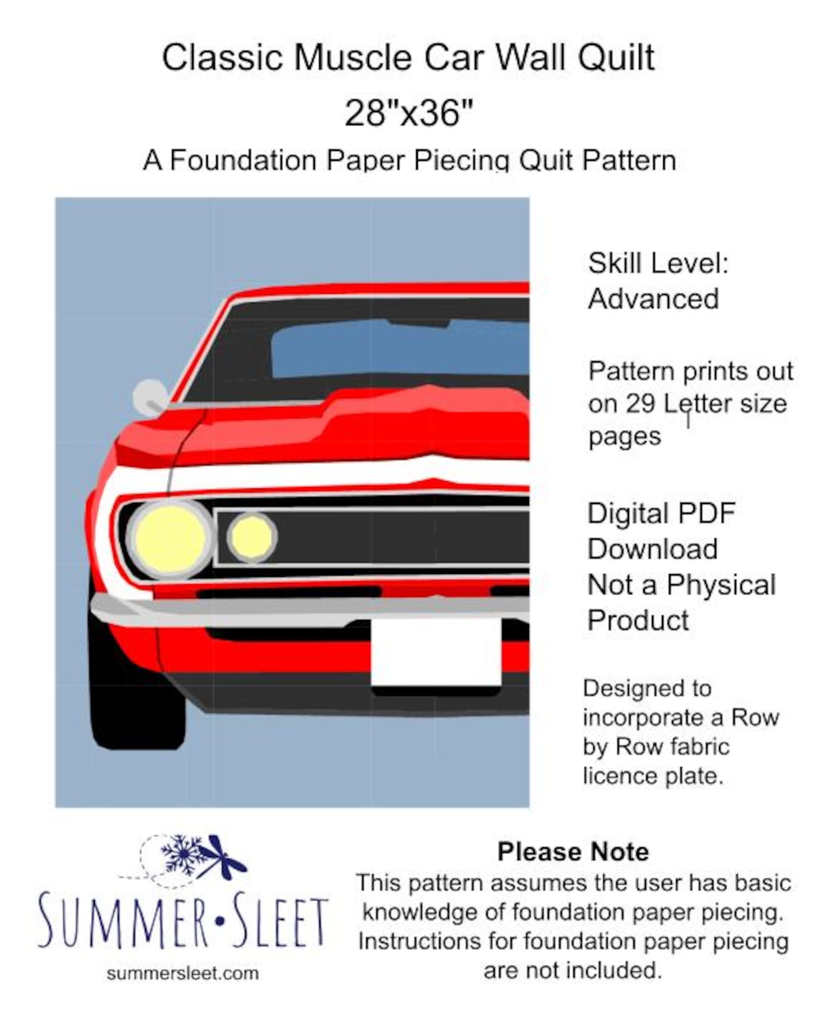 28”x36” FPP Classic Muscle Car Quilt Pattern: Foundation Paper Piecing ...