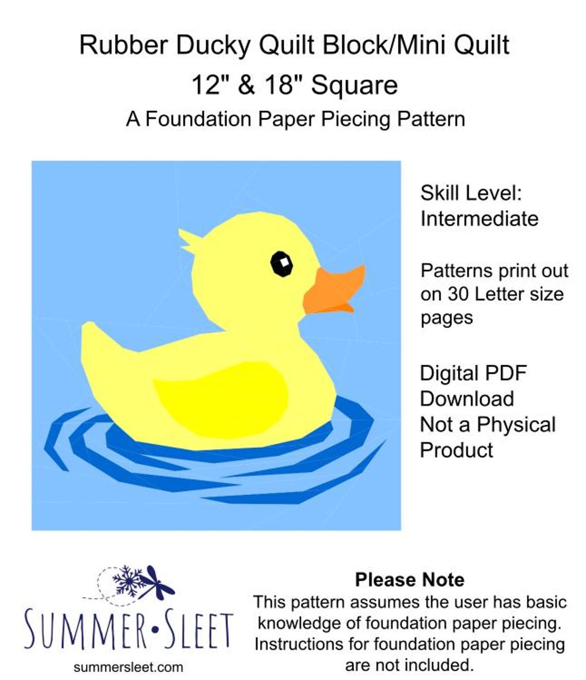 12" & 18" FPP Rubber Ducky Quilt Block Mini Quilt Pattern: Foundation ...