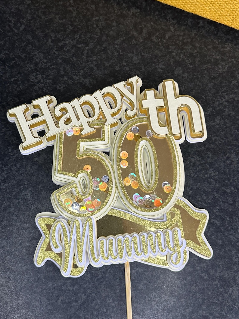 Personalised 50th Gold Cake Topper Name and Age Glitter Card Topper ...