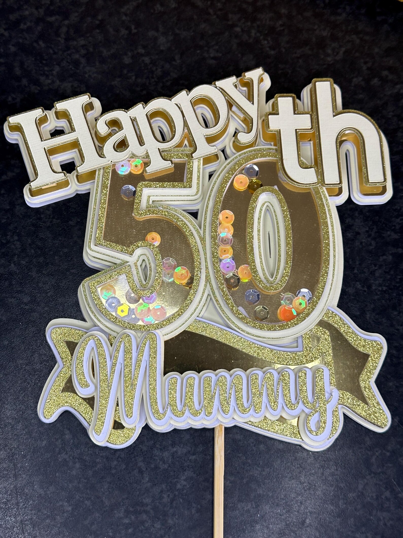 Personalised 50th Gold Cake Topper Name and Age Glitter Card Topper ...