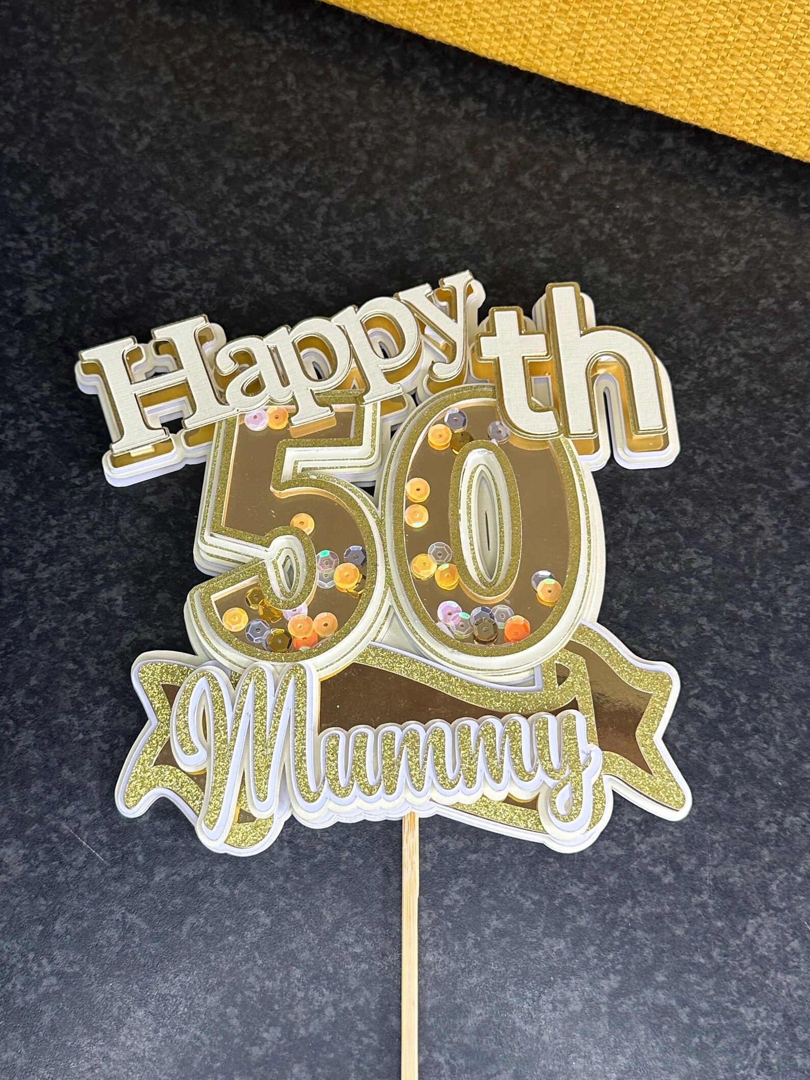 Personalised 50th Gold Cake Topper Name and Age Glitter Card Topper ...