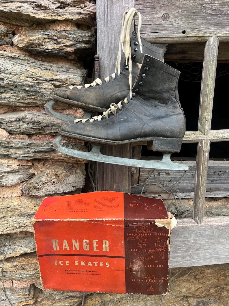 Vintage Ranger Ice Skates Black Original Sears Robuck Box Canada Hockey ...