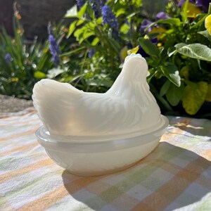 Vintage Hazel Atlas Opaline Fire Glass Small Covered Hen on Nest Candy ...