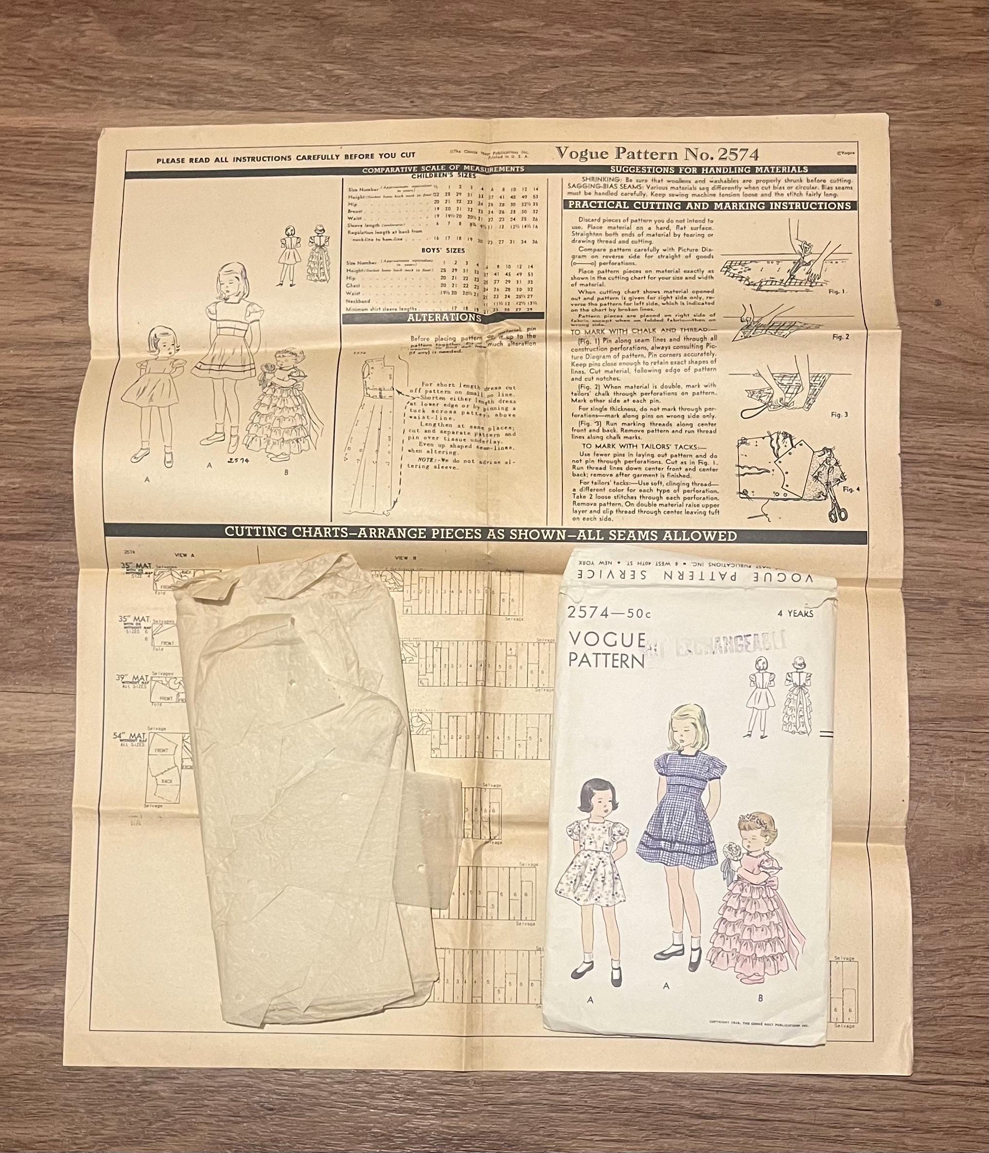 Vogue Children’s Dress Sewing Pattern #2574 Vintage 1949 Size 4 Pretty ...